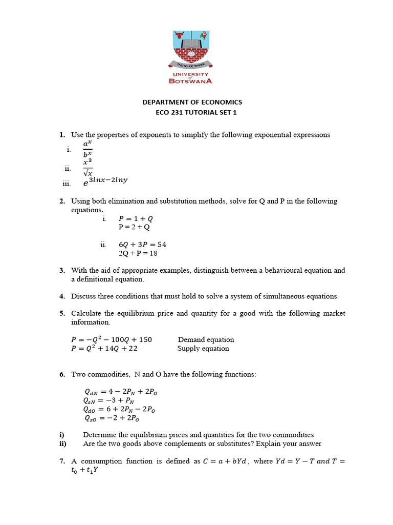 Tutorial Set 1 AUGUST21 ST 2024 | PDF | Economic Equilibrium ...