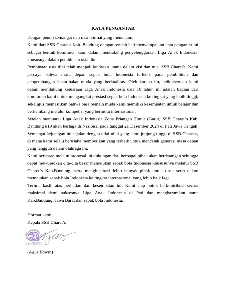 Dukungan SSB Charet's untuk Liga Anak 2024 | PDF