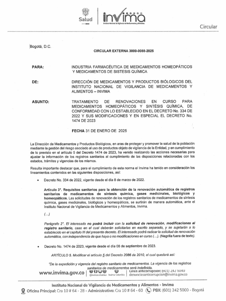 Circular Externa 3000-0088-2025 - Invima | PDF
