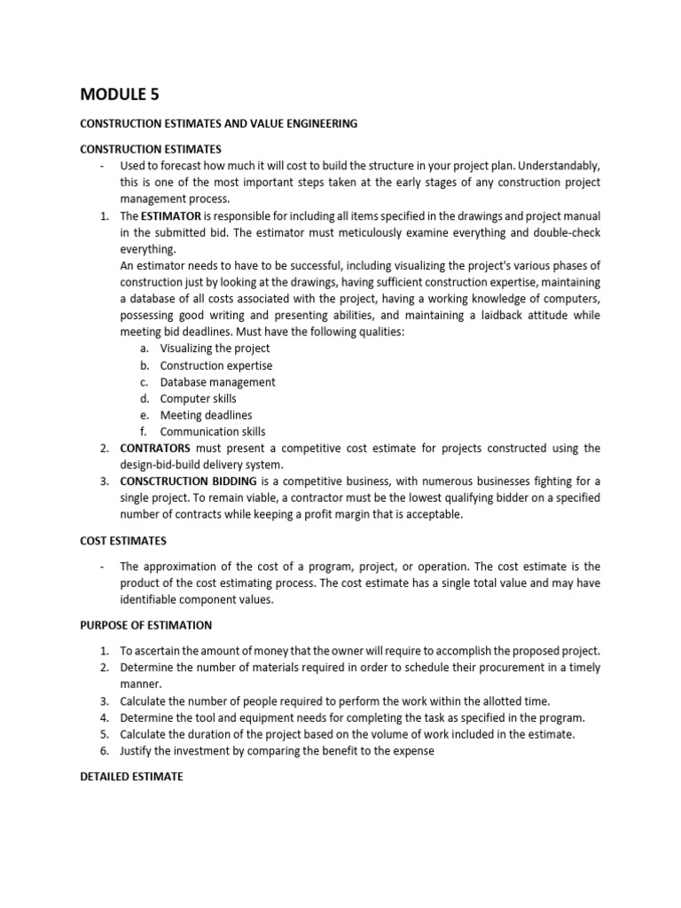 Module 5 - Construction Estimates and Value Engineering | PDF | General ...