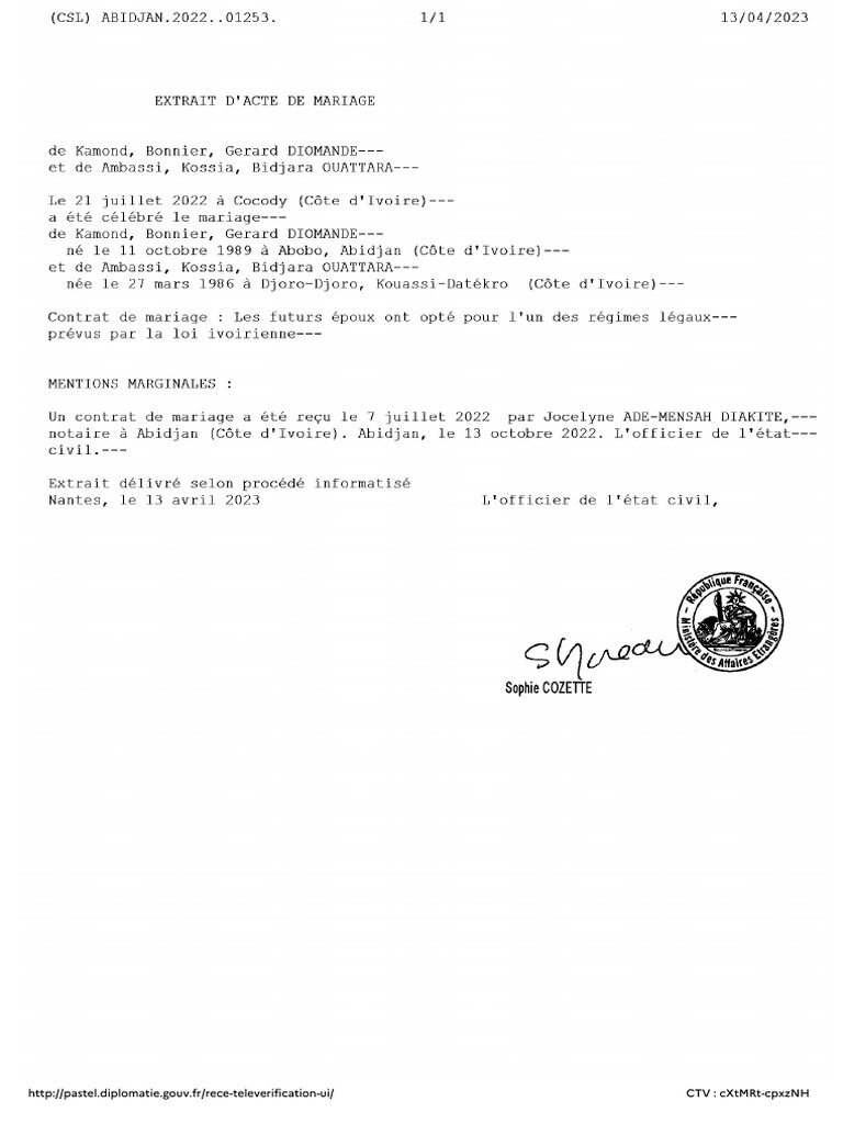 Extrait Sans Filiation Mariage 2774348 | PDF
