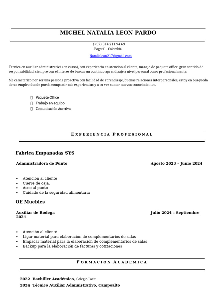 Hoja de Vida Michel Natalia V1 | PDF