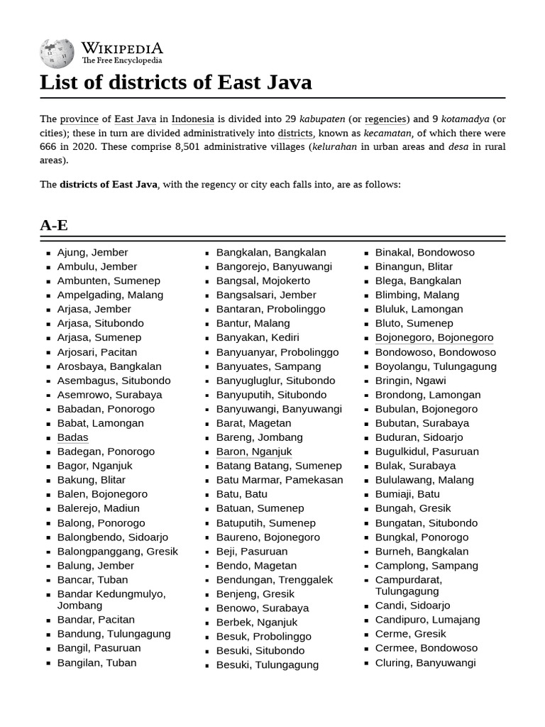 List of Districts of East Java | PDF