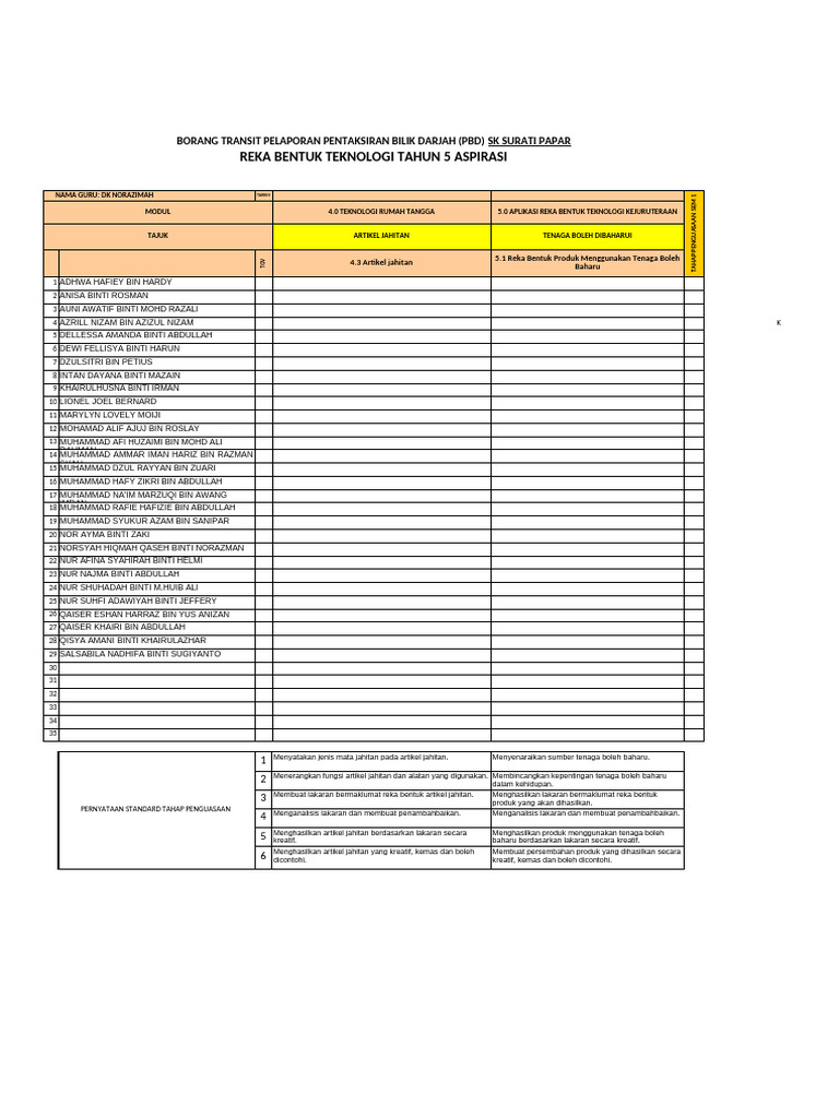 Borang Transit Rbt Tahun 5 | PDF