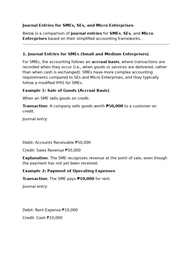 Journal Entries for SMEs, SEs, Micro Enterprises | PDF | Debits And ...