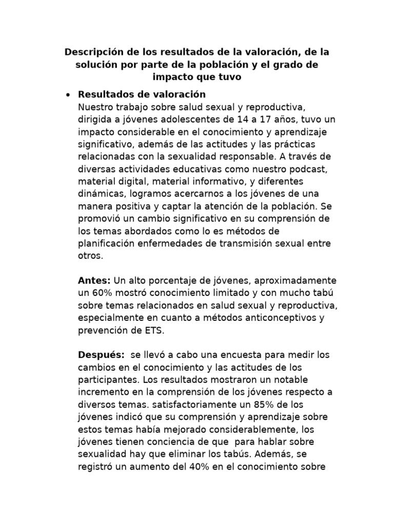 Descripción de los resultados de la valoración k.doc | PDF | Control de la natalidad | La ...