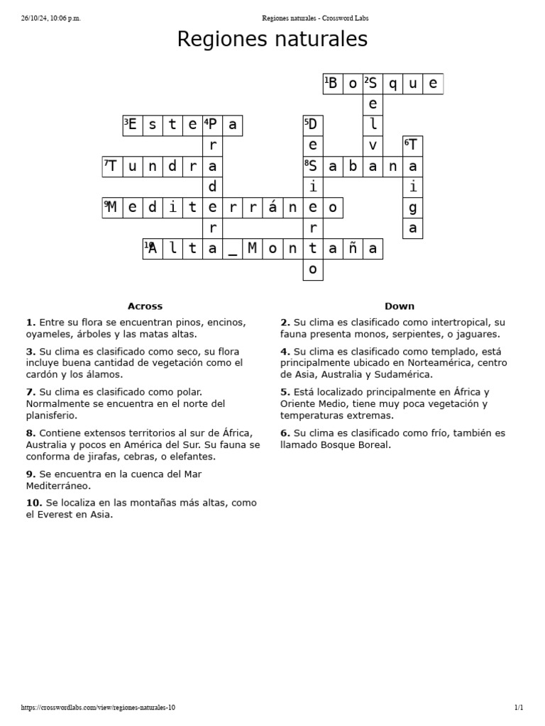 Regiones naturales Respuestas - Crucigrama | PDF | Clima | Entorno natural