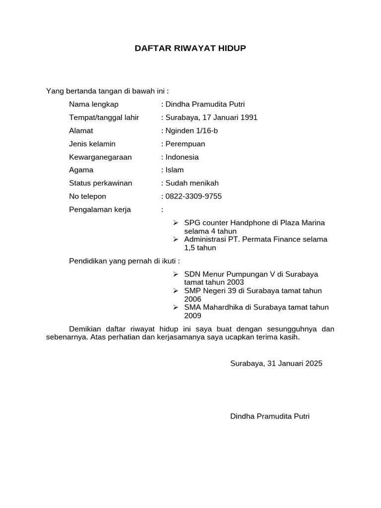 Daftar Riwayat Hidup Dita | PDF