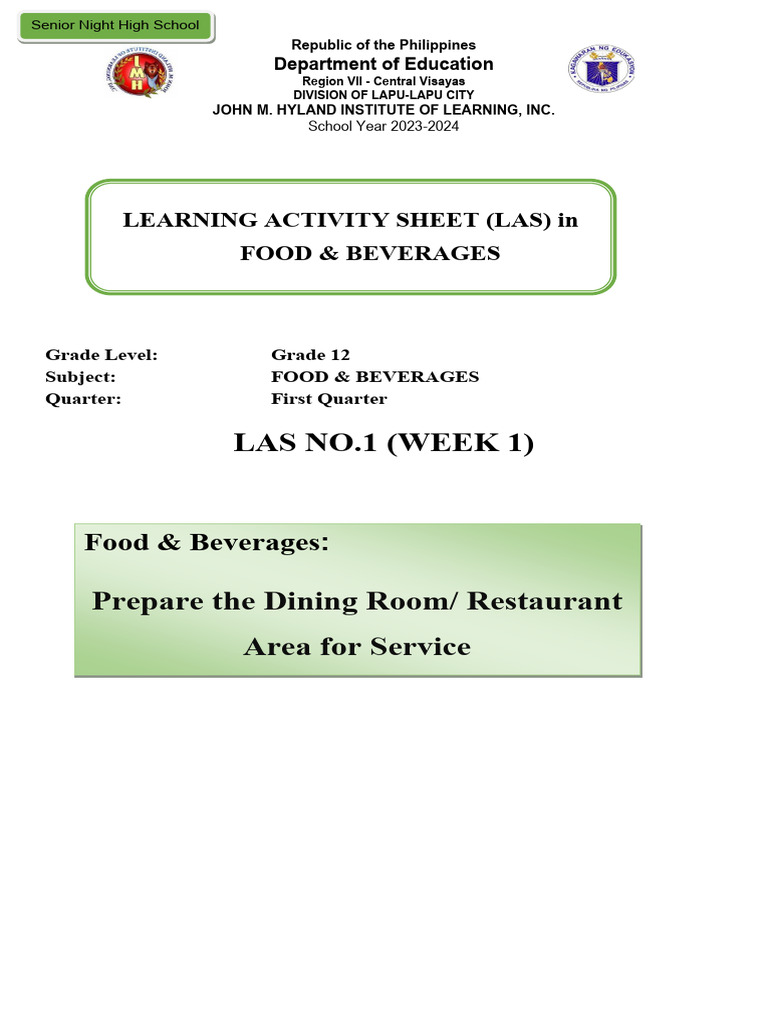 F and B (M1Q1) - Prepare The Dining Room Restaurant Area For Service ...