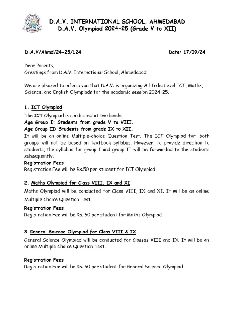 DAV Olympiad Circular 2024-25 | PDF