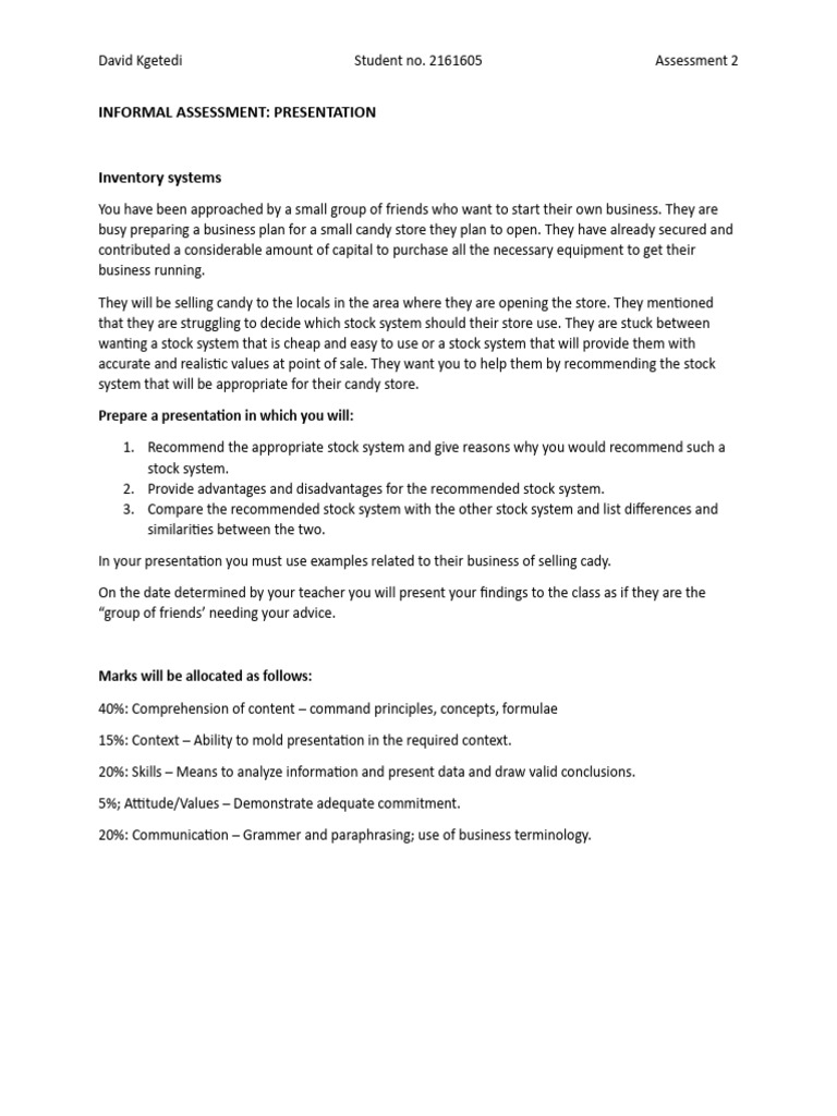INFORMAL ASSESSMENT - Presentation ACCOUNTING GRADE 10 | PDF
