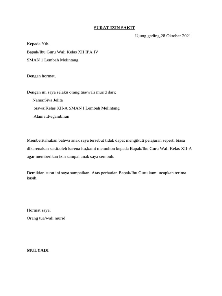 Surat Izin Sakit.siva Jelita Docx | PDF