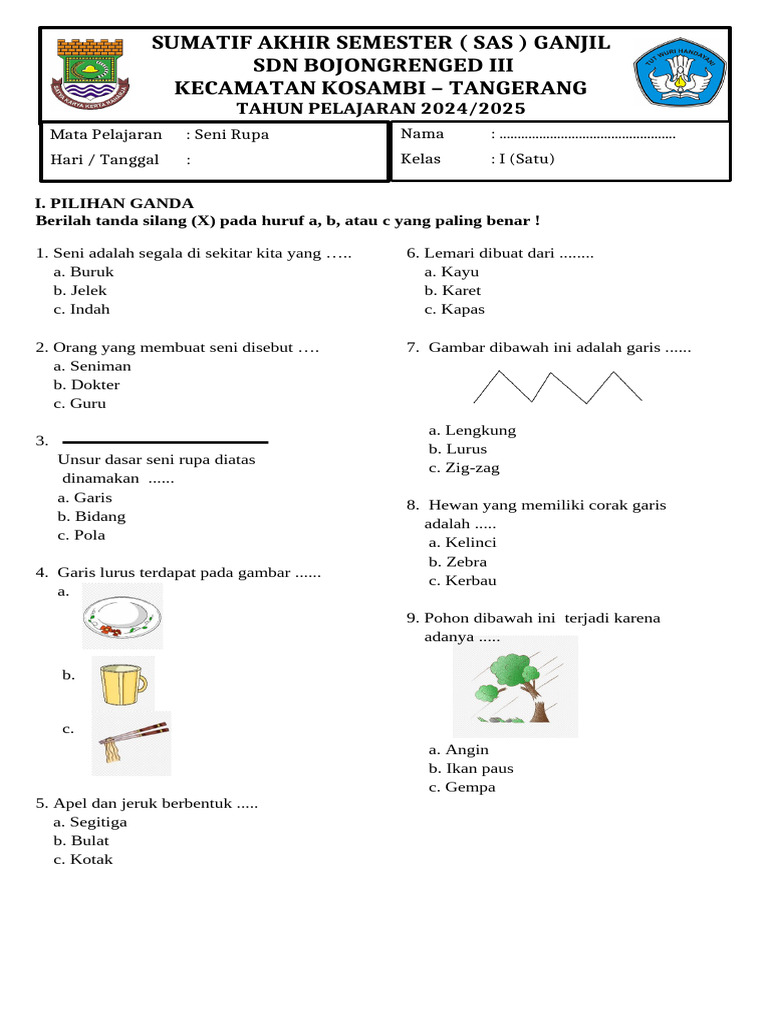 Soal Sas Kelas 1 Seni Rupa SMT 1 | PDF