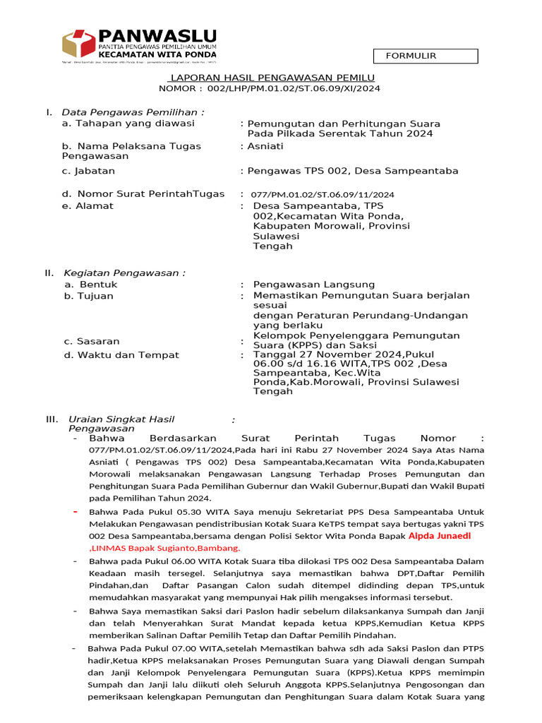 Laporan Pengawasan Pemilu 2024 TPS 002 | PDF