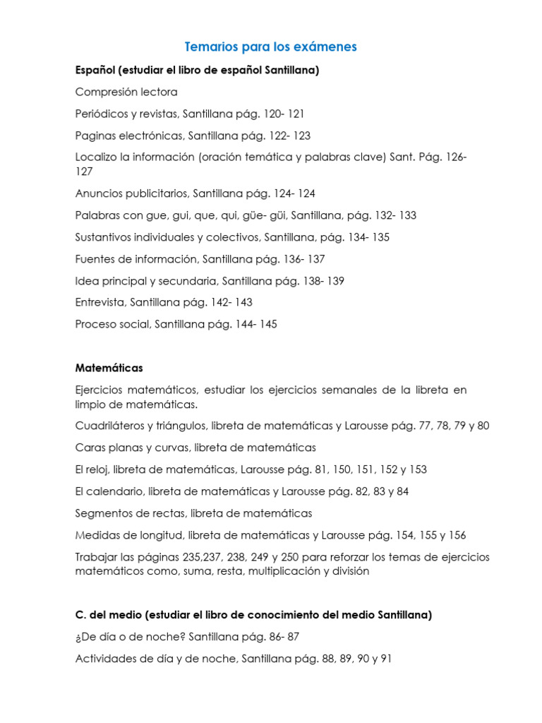 Temarios para Los Exámenes Segundo | PDF