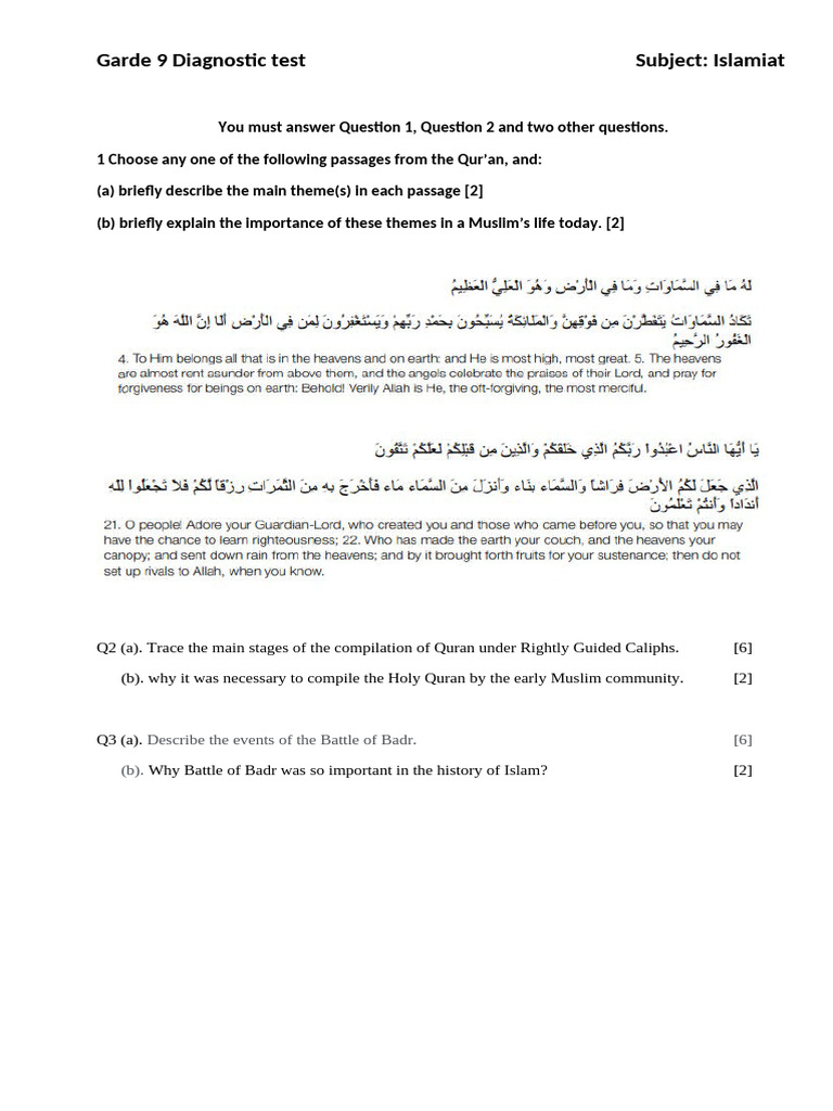 Islamiat p1 Class 9 | PDF