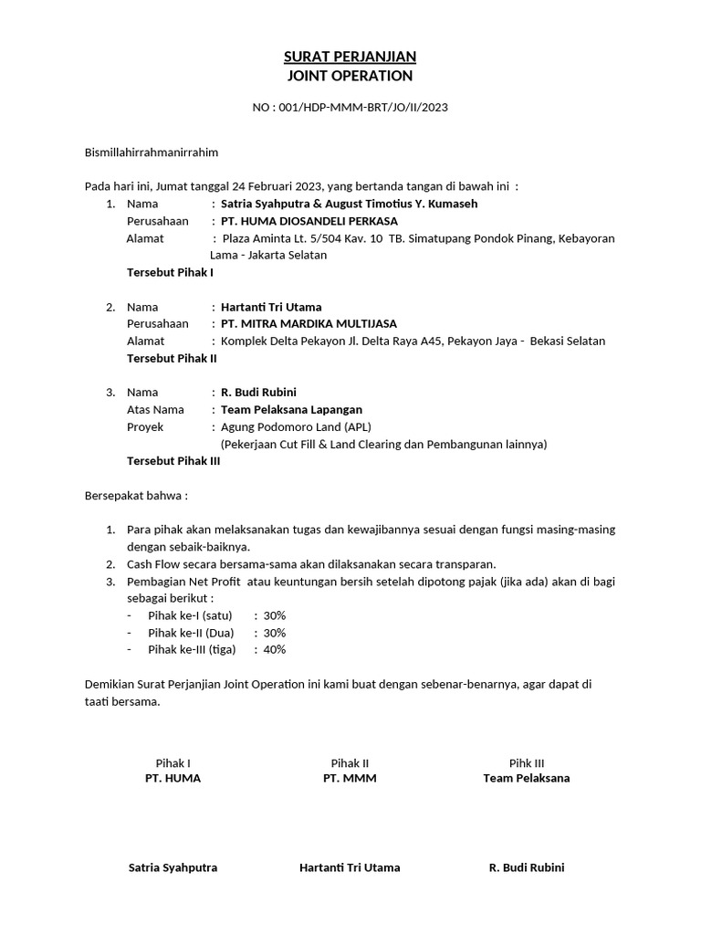 Surat Perjanjian JO | PDF