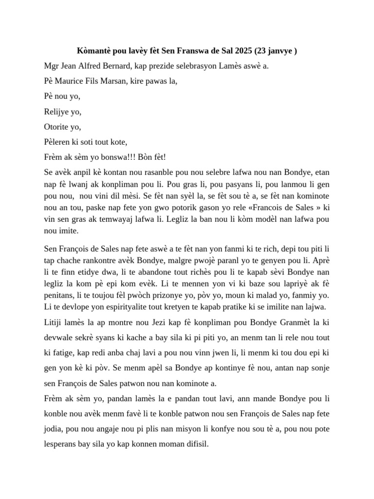 Kòmantè Pou Fèt Sen Franswa de Sal 2025, Modifye | PDF