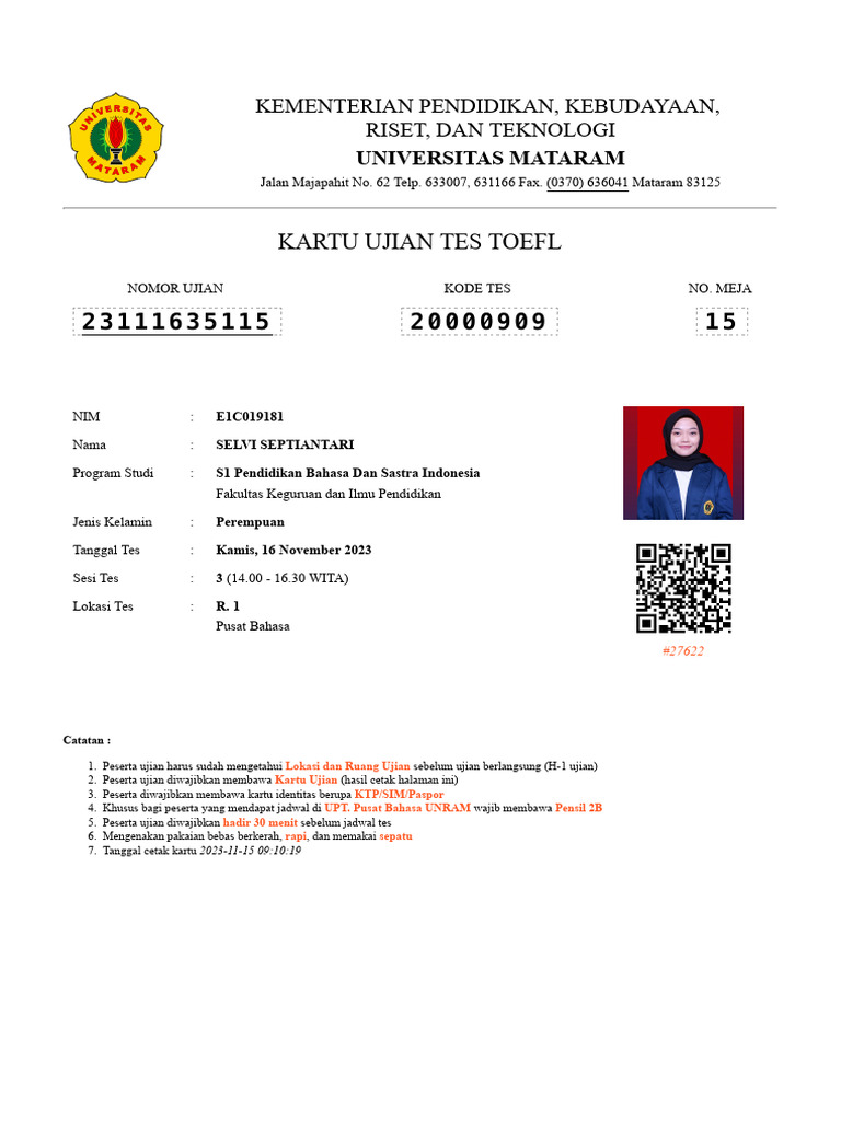 Kartu_Ujian_E1C019181_SELVI_SEPTIANTARI__23111635… | PDF