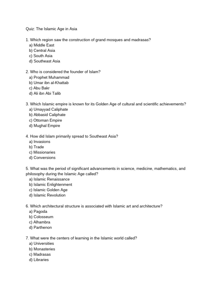 Quiz On LESSON 3 Part Five - Islamic Age in Asia | PDF | Caliphate ...