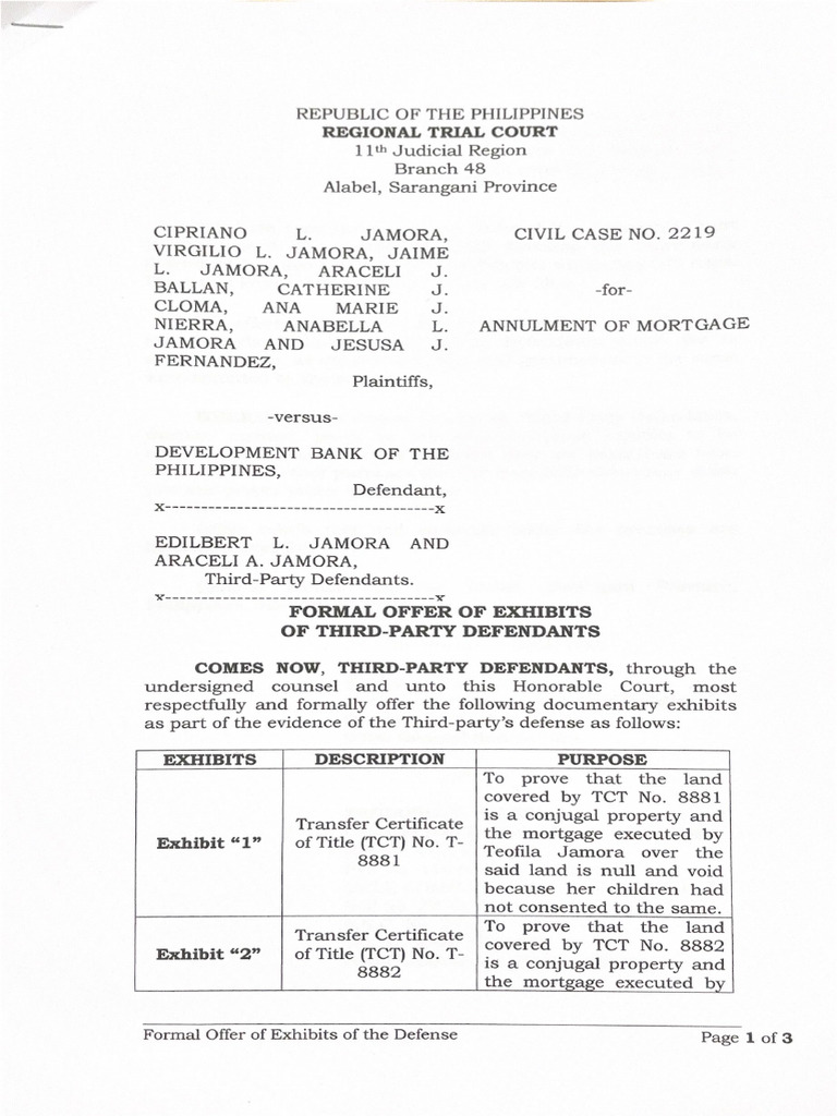 Formal Offer of Exhibits - Civil Case No 2219 | PDF
