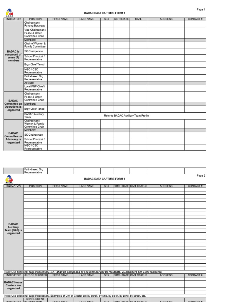 4-BADAC DATA CAPTURE FORMS.xlsx - BADAC FORM 1 | PDF