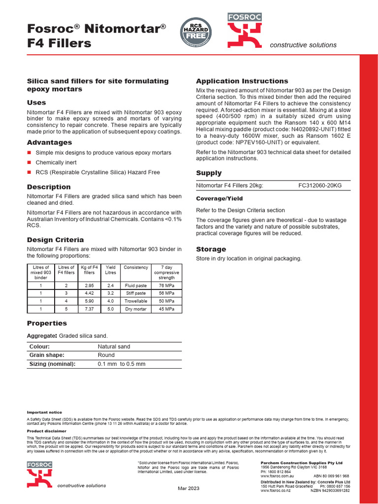 Fosroc Nitomortar F4 Fillers TDS | PDF | Epoxy | Mechanical Engineering