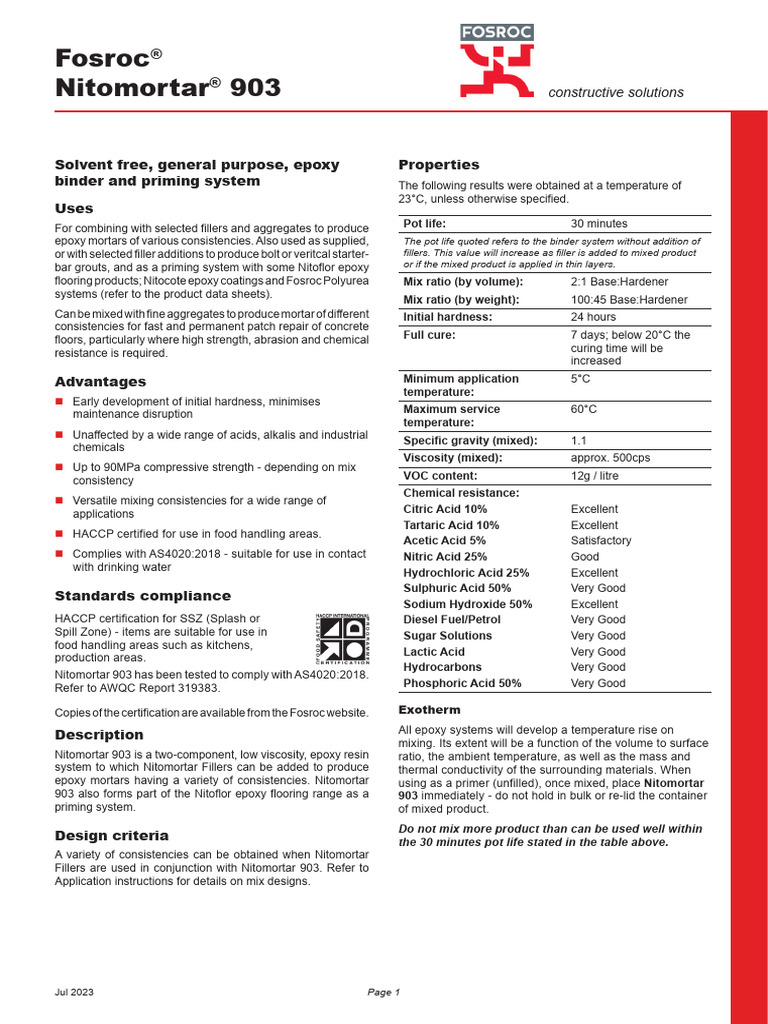 Fosroc Nitomortar 903 TDS | PDF | Epoxy | Concrete
