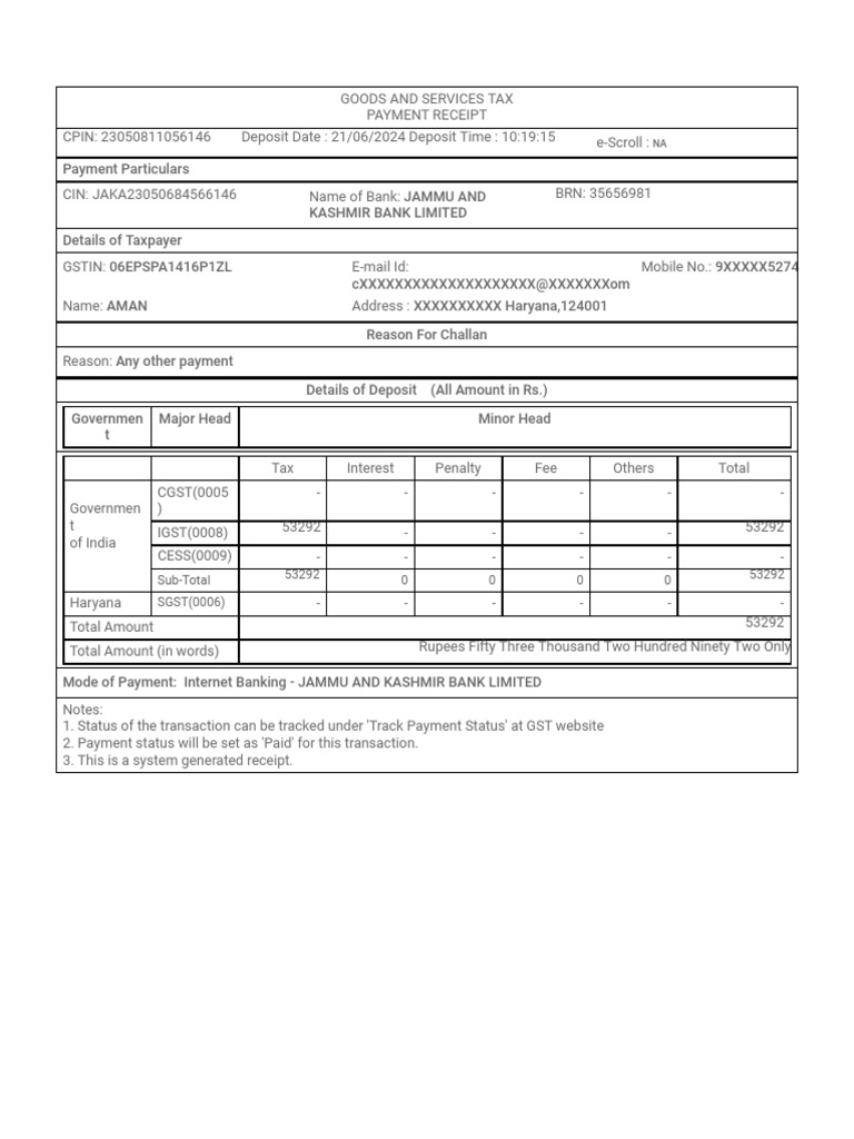 GST Payment Receipt for Aman | PDF