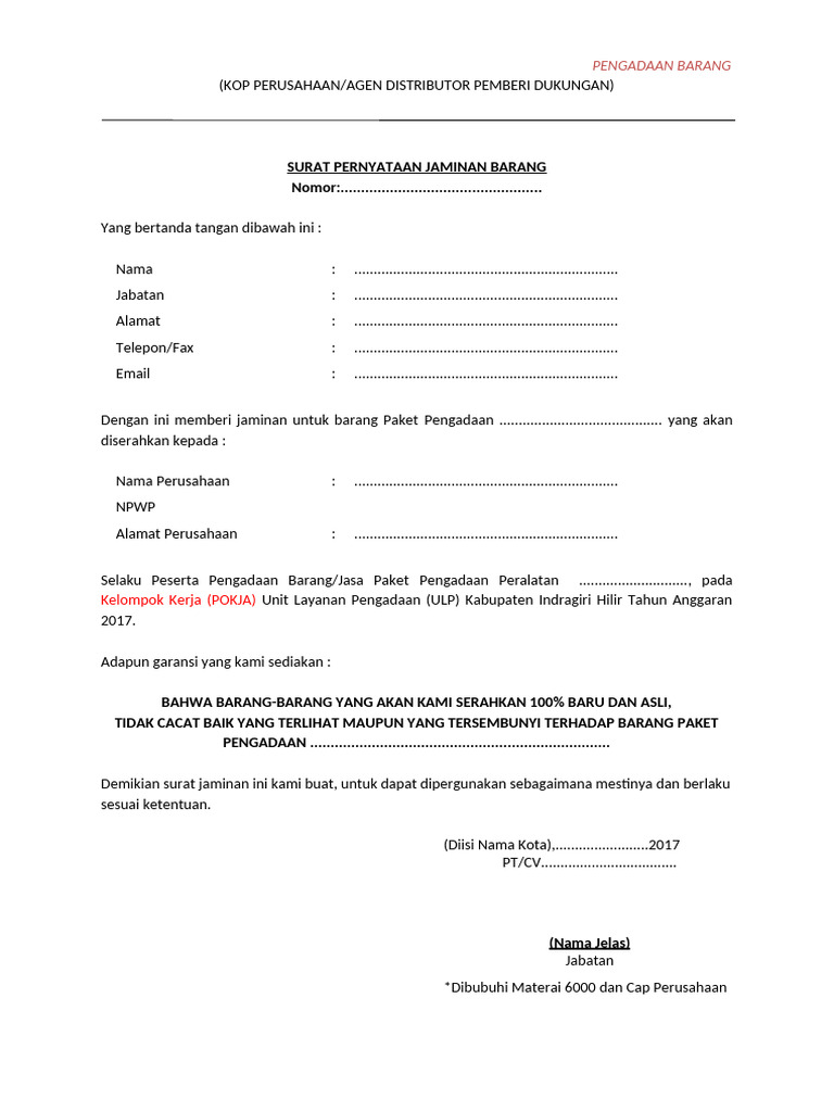 Contoh Surat Pernyataan Barang | PDF