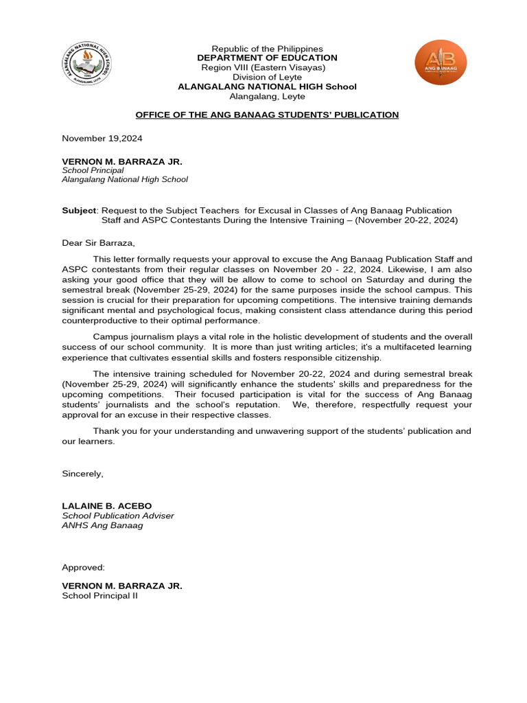 Excuse Letter For Approval - Letter To Sir Barraza | PDF