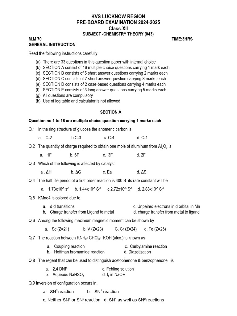 XII CHEMISTRY QP.docx | PDF | Chemical Reactions | Acid