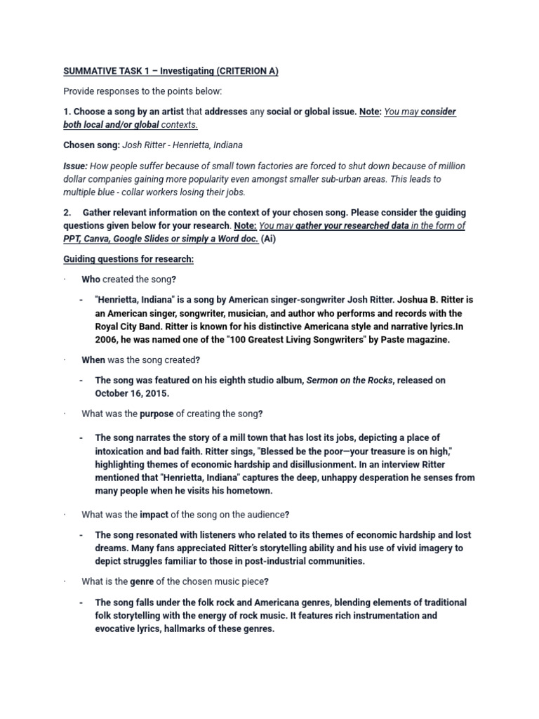 SUMMATIVE TASK 1 - Investigating (CRITERION A) | PDF | Song Structure | Musicology