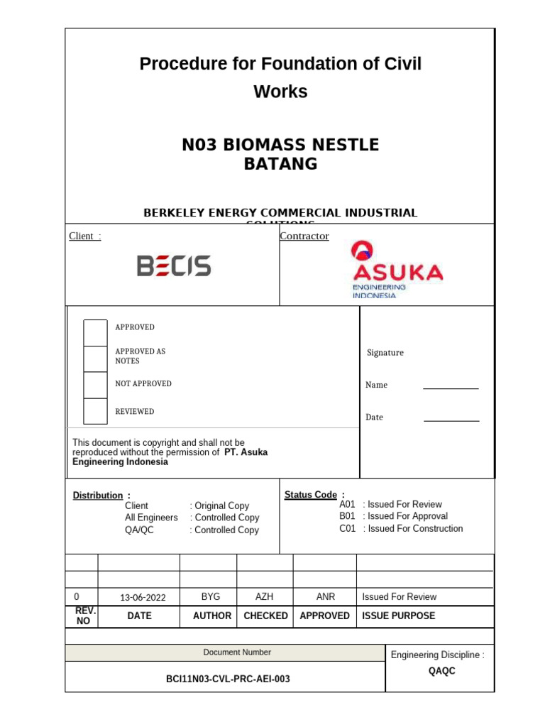 BCI11N03-CVL-PRC-AEI-003-REV-0-Procedure For Foundation of Civil Works | PDF | Concrete | Deep ...