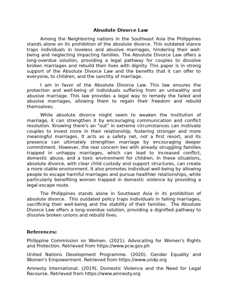 Support for Absolute Divorce Law in Philippines | PDF | Marriage ...