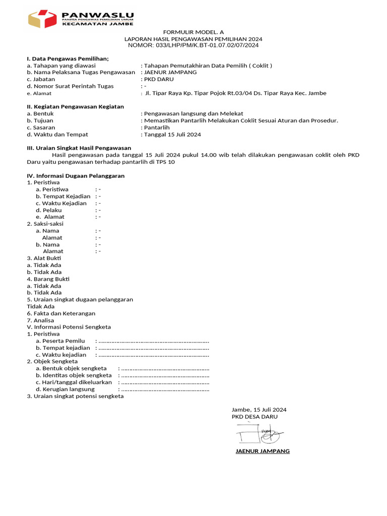 Form a PKD Daru Coklit 15 Juli | PDF