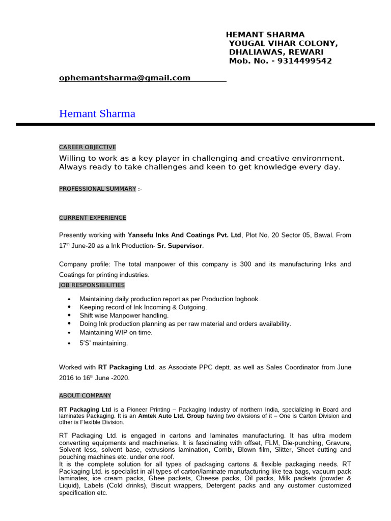 Hemant Sharma: Ink Production Supervisor Resume | PDF | Printing ...