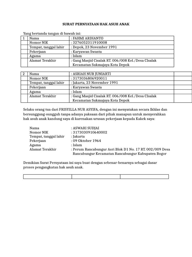 Surat Pernyataan Hak Asuh Anak | PDF Surat Pernyataan Hak Asuh Anak | PDF