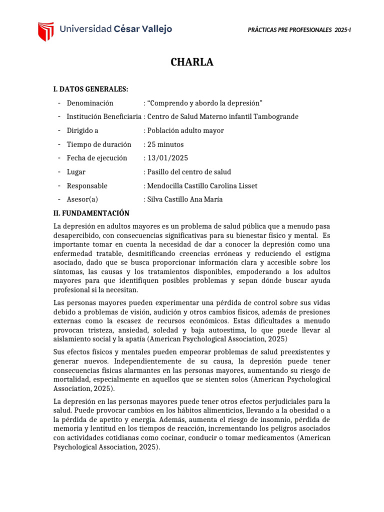 ESQUEMA DE CHARLA 2025 depresion | PDF | Depresión (estado de ánimo) | Las emociones