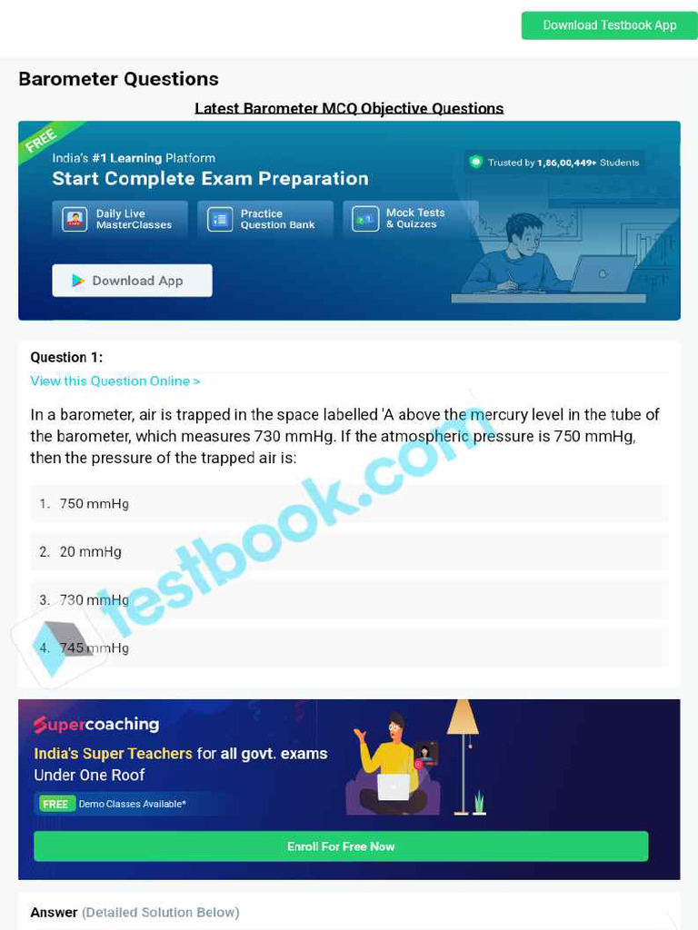 Mcq on Barometer 5eea6a0c39140f30f369e143 | PDF