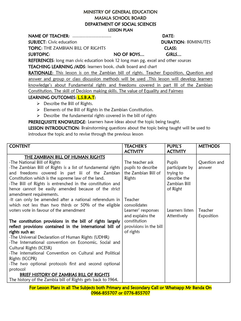 Civic Education LESSON PLAN SAMPLE | PDF | United States Bill Of Rights ...