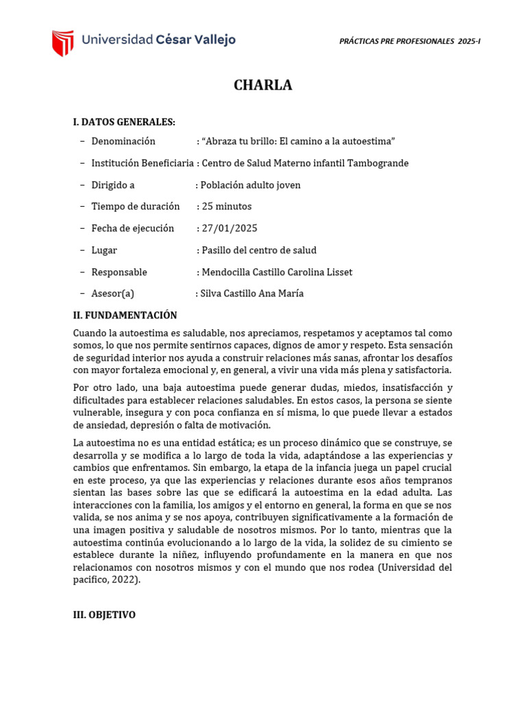 ESQUEMA DE CHARLA 2025 Autoestima | PDF | Autoestima | Sicología
