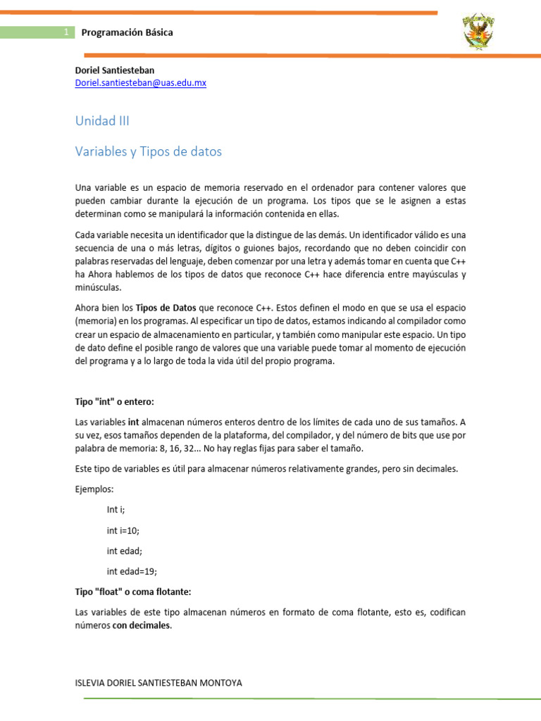 Variables y Tipos de Dato | PDF | C ++ | Tipo de datos