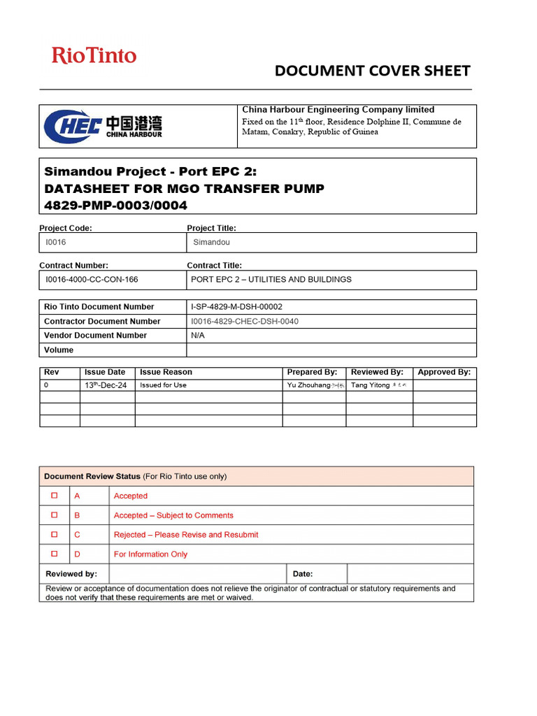 MGO Transfer Pump Datasheet for Simandou | PDF | Pump | Mechanical ...