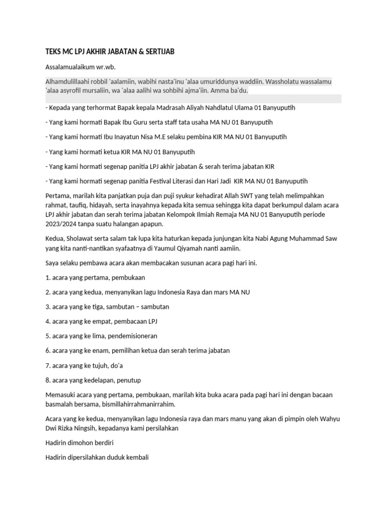 Teks MC LPJ Akhir Jabatan | PDF