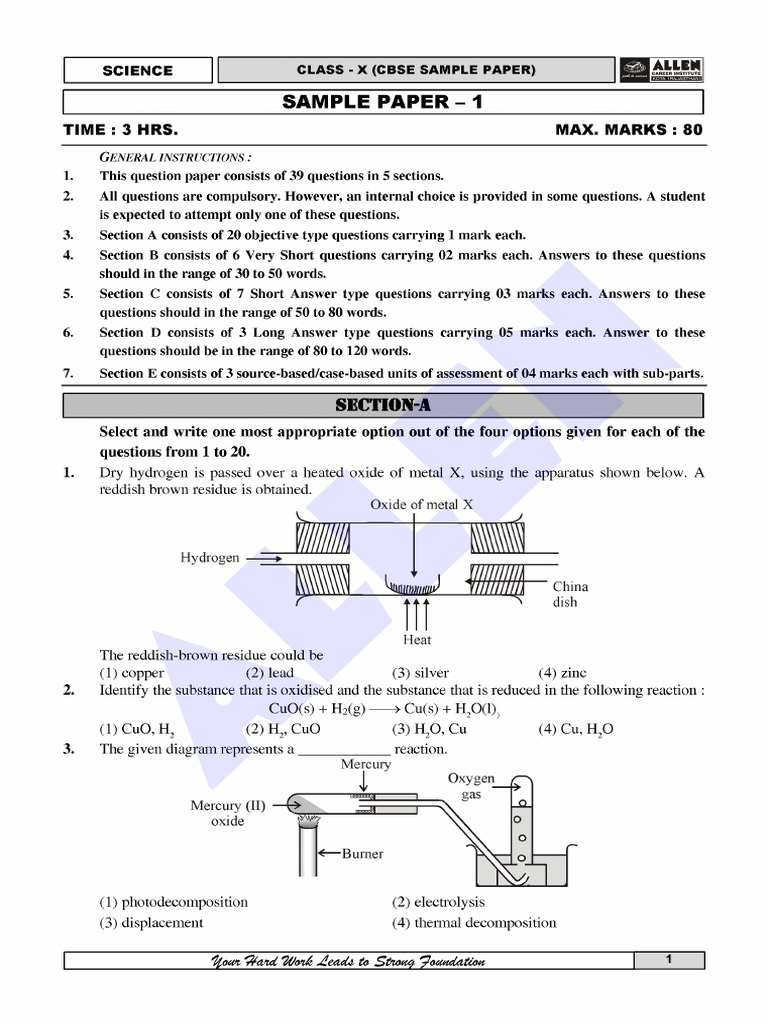 Sample Paper 1 Science | PDF