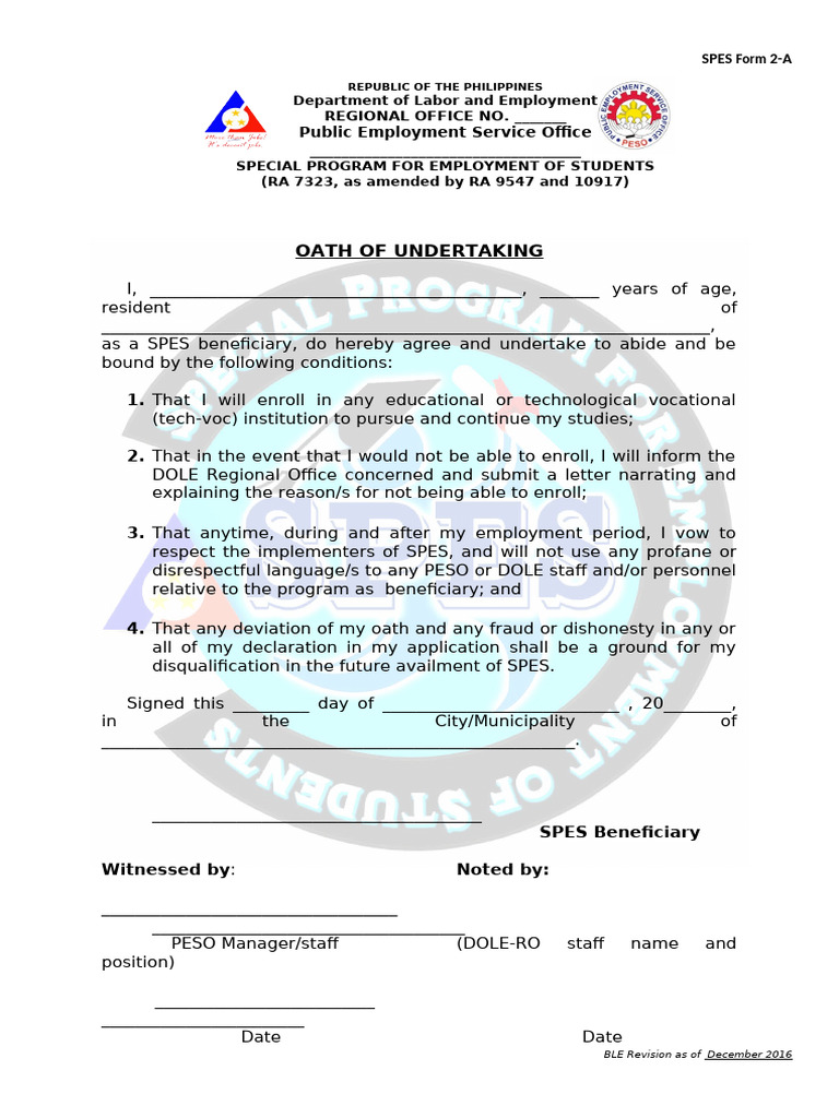 SPES FORM 2-A -OATH OF UNDERTAKING | PDF