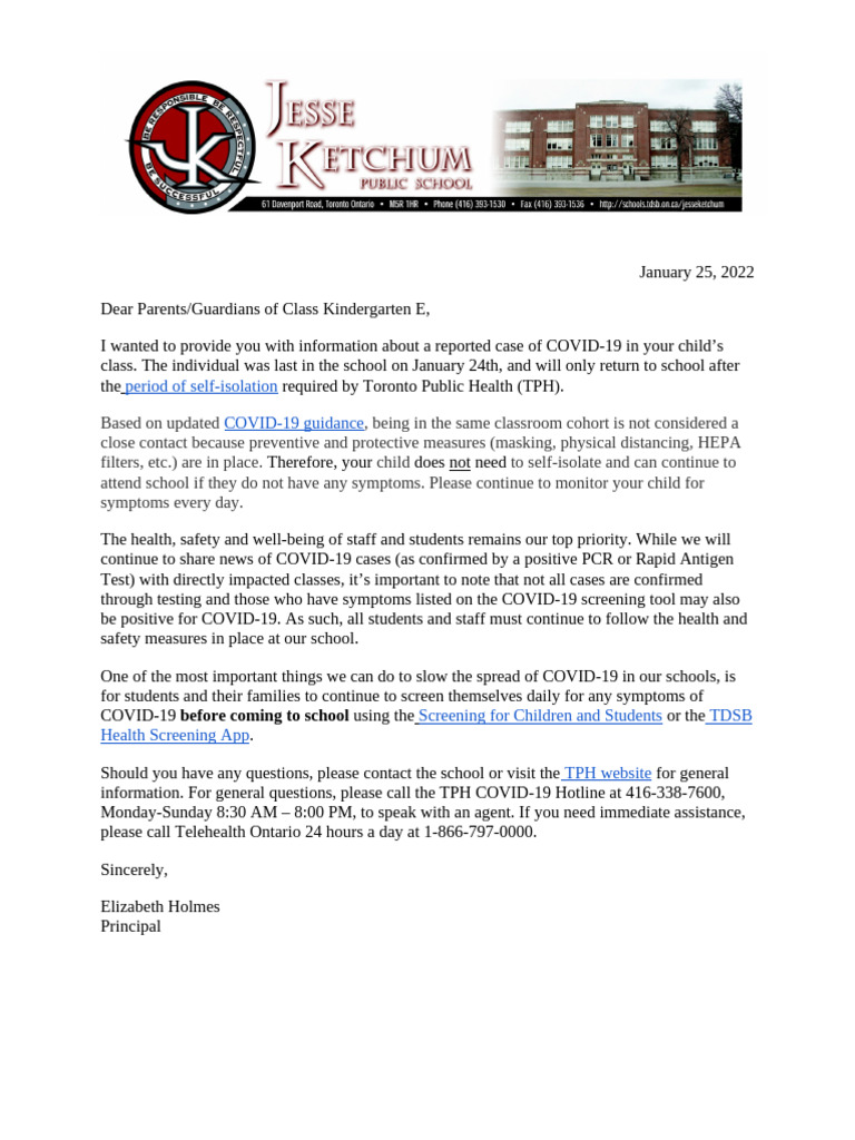 COVID-19 Update for Kindergarten E Parents | PDF
