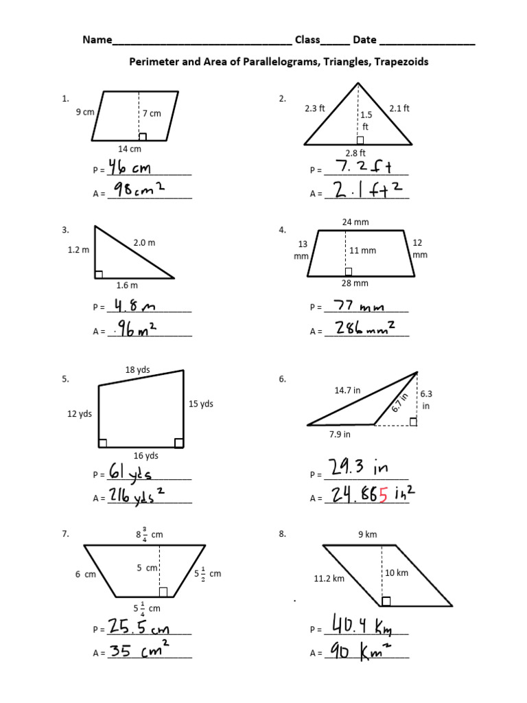 Name - Class - Date - Perimeter and Area of Parallelograms, Triangles ...