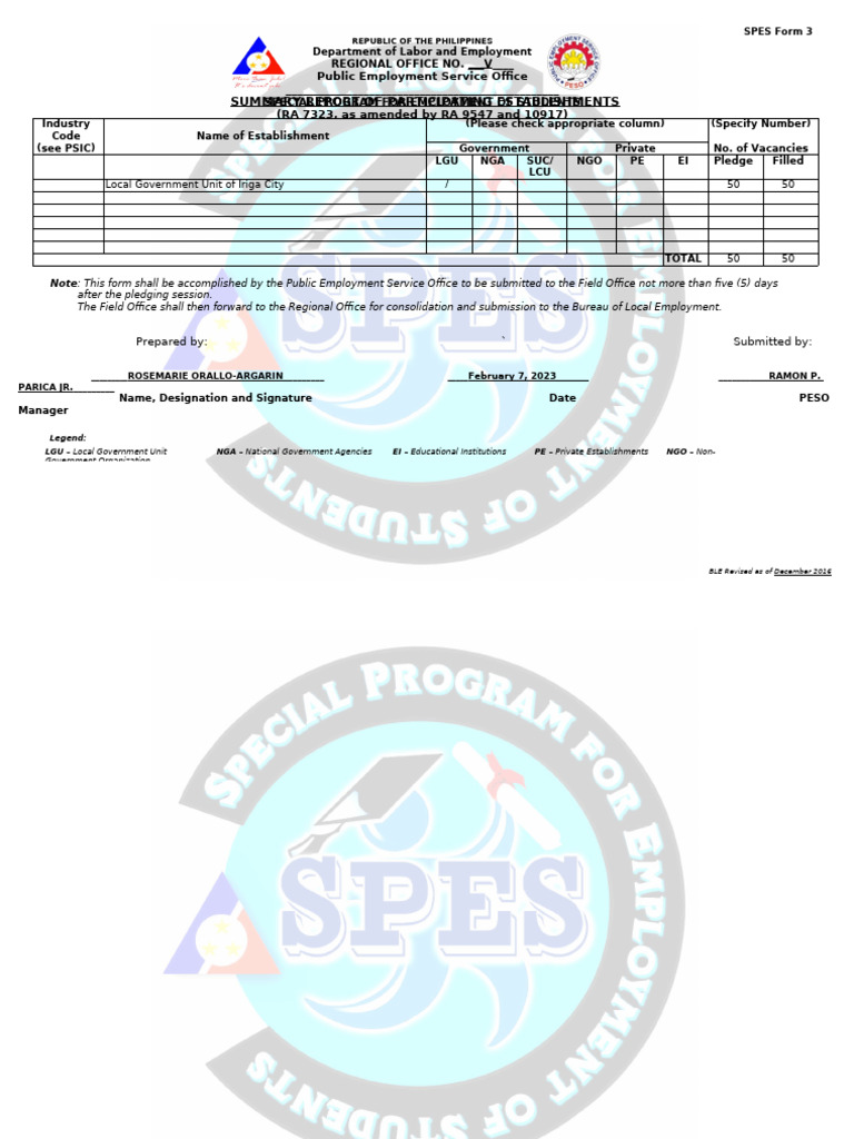 Spes Form 3 - Summary Report - Participating Estab | PDF | Philippines
